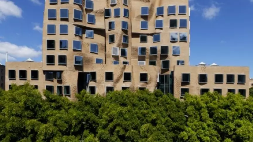 Het geplette papieren zakgebouw is een architectonisch Australisch icoon