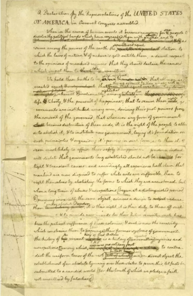 Deklaratsiooni umbkaudne mustand Thomas Jeffersoni käes