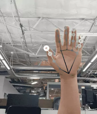 3D hand perception sa real-time sa usa ka mobile phone pinaagi sa MediaPipe. Ang among solusyon naggamit sa pagkat-on sa makina sa pagkuwenta sa 21 3D nga mga keypoint sa usa ka kamot gikan sa usa ka video frame. Gipakita ang giladmon sa grayscale.