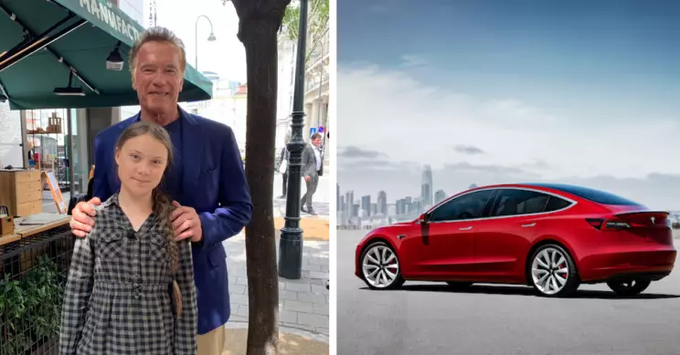 Arnold Schwarzenegger Nyewakake Greta Thunberg Model Tesla 3