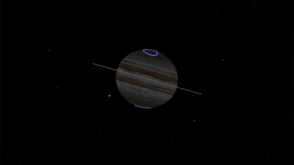 animoitu gif kuvaa NASAn Juno-avaruusaluksen näkökulmaa sen pimennysvapaan lähestymisen aikana kaasujättiläiseen