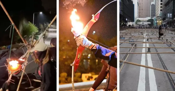 مهندسان در حال ساخت منجنیق، تیرکمان و سنگر در اعتراضات هنگ کنگ هستند