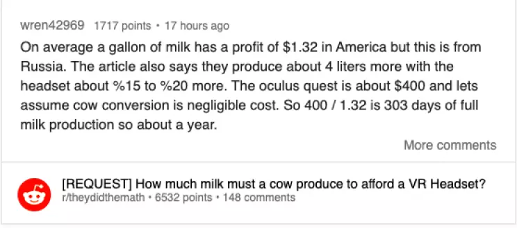 Реддитори расправљају о томе колико млека крава треба да произведе да би приуштила ВР слушалице