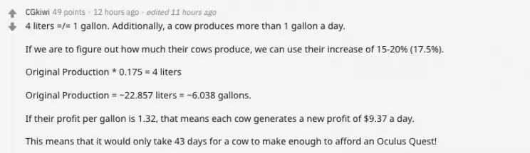 A Redditorok azon vitatkoznak, hogy mennyi tejet kell termelnie egy tehénnek, hogy megengedhesse magának egy VR-fejhallgatót