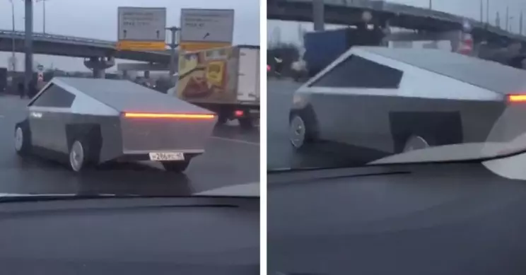 Nachgebauter Cybertruck in Moskau von einer Kamera gefilmt