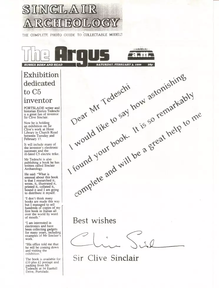 Enrico Tedeschi，Clive Sinclair 爵士在 The Argus 报纸上对 Tedeschi 的认可