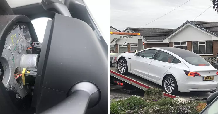 Το τιμόνι του 1 μηνός Tesla Model 3 πέφτει σε σοκαρισμένα χέρια του οδηγού