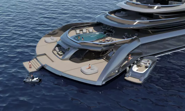 Mega Yacht 394-kaki yang ramping ini dilengkapi dengan klub pantai