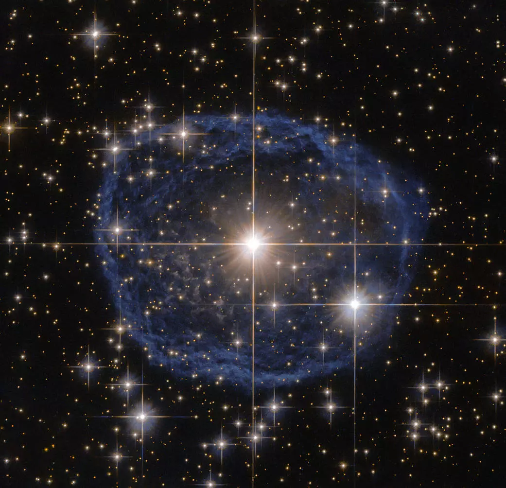 Šī skaistā NASA/ESA Habla kosmiskā teleskopa attēla centrā mirdz Wolf-Rayet zvaigzne, kas pazīstama kā WR 31a, kas atrodas aptuveni 30 000 gaismas gadu attālumā Karīnas (Ķīļa) zvaigznājā. Atšķirīgais zilais burbulis, kas, šķiet, ieskauj WR 31a, un tā nekataloģizētais zvaigžņu blakussēdētājs ir Wolf-Rayet miglājs — starpzvaigžņu putekļu, ūdeņraža, hēlija un citu gāzu mākonis. Šie miglāji, kas veidojas, kad ātrie zvaigžņu vēji mijiedarbojas ar Volfa-Rajeta zvaigžņu izmestajiem ūdeņraža ārējiem slāņiem, bieži ir gredzenveida vai sfēriski. Tiek lēsts, ka burbulis veidojies pirms aptuveni 20 000 gadu, un tas izplešas ar ātrumu aptuveni 220 000 kilometru stundā! Diemžēl Wolf-Rayet zvaigznes dzīves cikls ir tikai daži simti tūkstošu gadu — kosmiskā izteiksmē acu mirklis. Neskatoties uz to, ka tās dzīvību sāk ar masu, kas ir vismaz 20 reizes lielāka par Saules masu, Wolf-Rayet zvaigznes parasti zaudē pusi no savas masas mazāk nekā 100 000 gadu laikā. Un WR 31a šajā gadījumā nav izņēmums. Tāpēc tā galu galā beigs savu dzīvi kā iespaidīga supernova, un zvaigžņu materiāls, kas tika izmests no tās sprādziena, vēlāk baros jaunu zvaigžņu un planētu paaudzi.