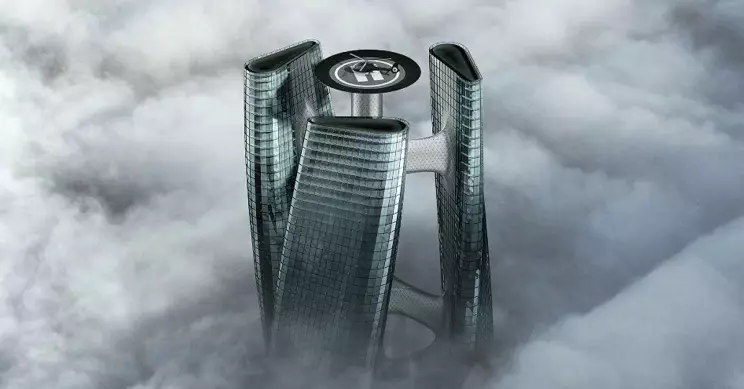 Ang Konsepto sa Skyscraper nga Giporma sa Turbine Nagtuyok Uban sa Hangin