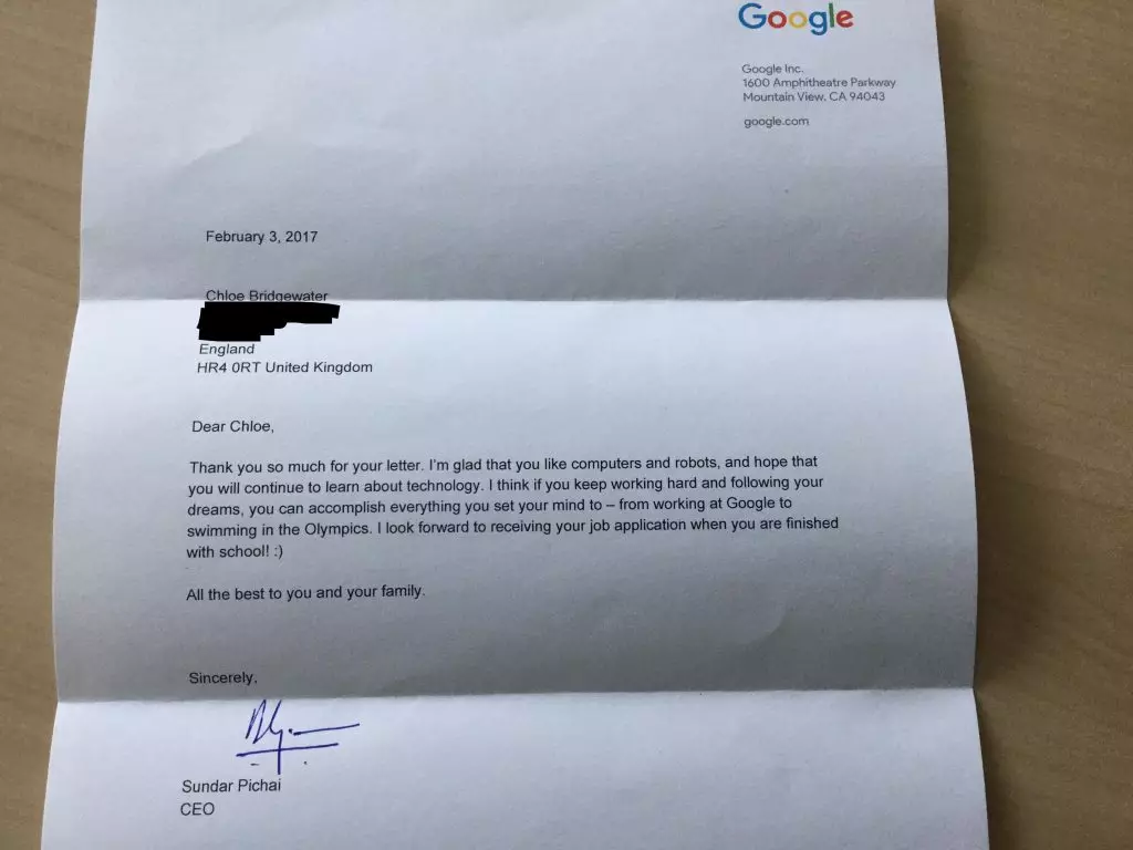 CEO i Google i përgjigjet letrës së një 7-vjeçari që kërkon punë