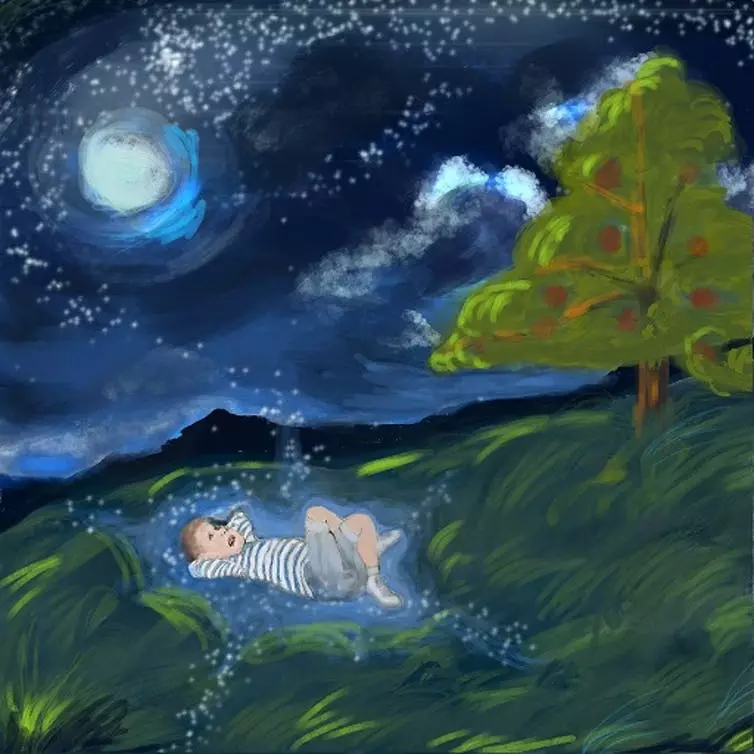 Glezna, kurā bērns skatās zvaigznēs