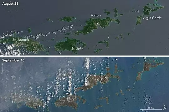 Satelītattēlos redzamas viesuļvētras Irma dēļ brūnās nokrāsotās Karību jūras salas