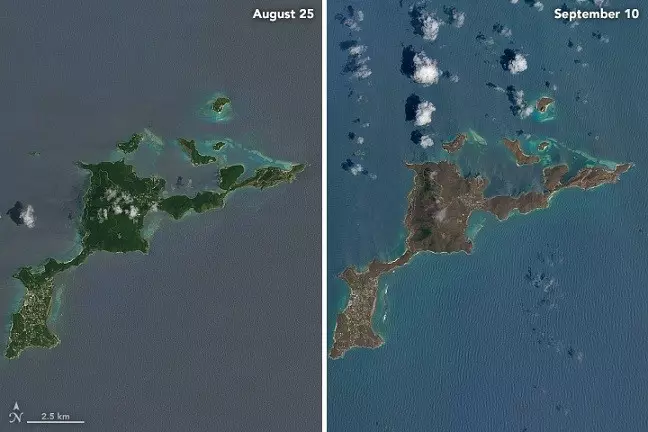 Gervihnattamyndir sýna Karíbahafseyjar brúnar af fellibylnum Irmu