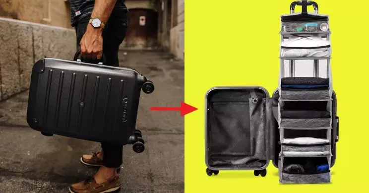 Dëse Clever Carry-On Koffer huet säin eegene Retractable Regalsystem