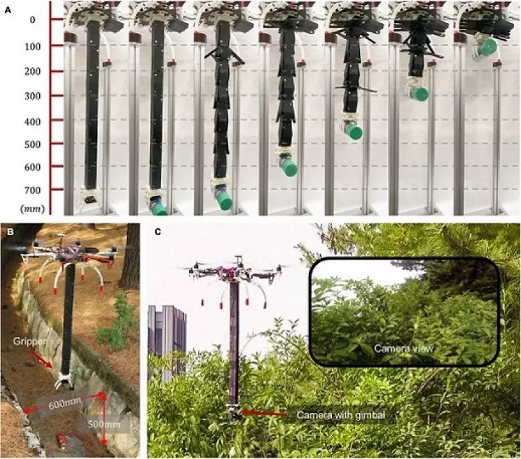 Ten dron ma chowane ramiona, które pozwalają mu podnosić obiekty