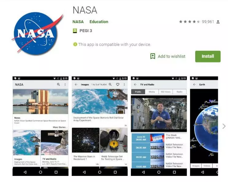 mokslo programos išmaniesiems telefonams NASA