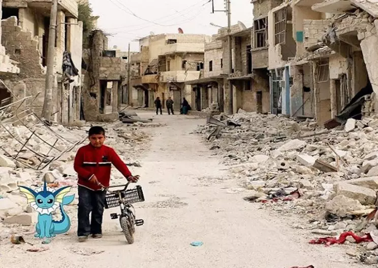 सीरियाई युद्ध क्षेत्र की कठोर वास्तविकता को उजागर करने के लिए कलाकार पोकेमॉन का उपयोग कर रहा है