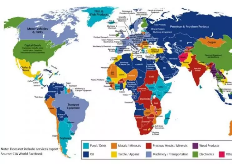 Este práctico mapa detalla a maior exportación de cada país