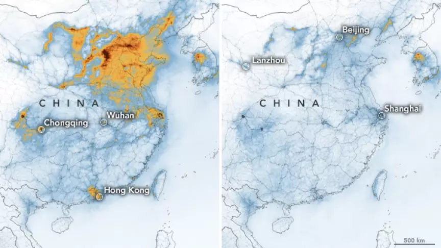 NASA kosmosa attēli parāda Ķīnas piesārņojuma samazināšanos koronavīrusa uzliesmojuma dēļ