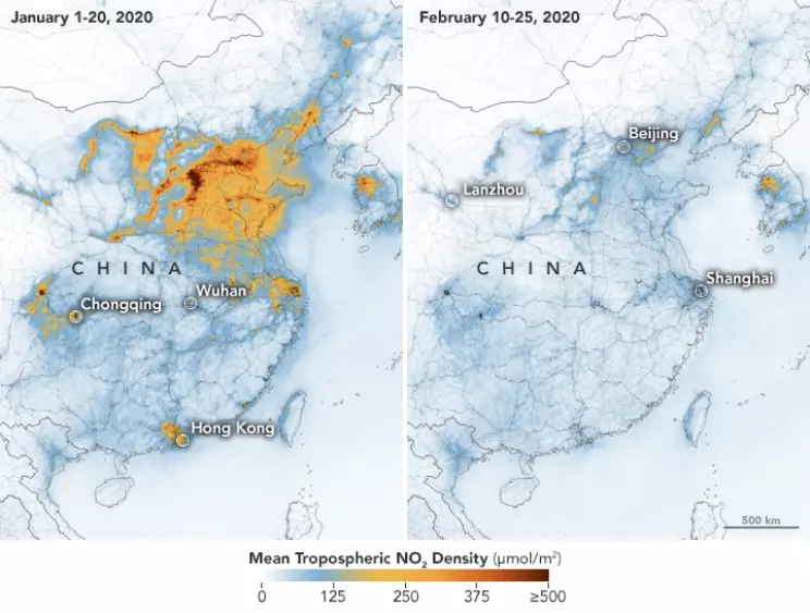 Nasine vesoljske slike kažejo upad onesnaženosti na Kitajskem zaradi izbruha koronavirusa
