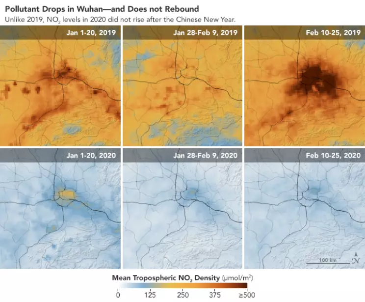 Космическите изображения на НАСА показват спад на замърсяването в Китай поради епидемията от коронавирус
